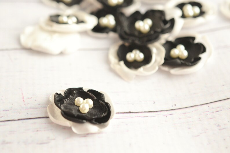 1 Inch Black and Ivory Satin Flower Embellishment With Faux - Etsy