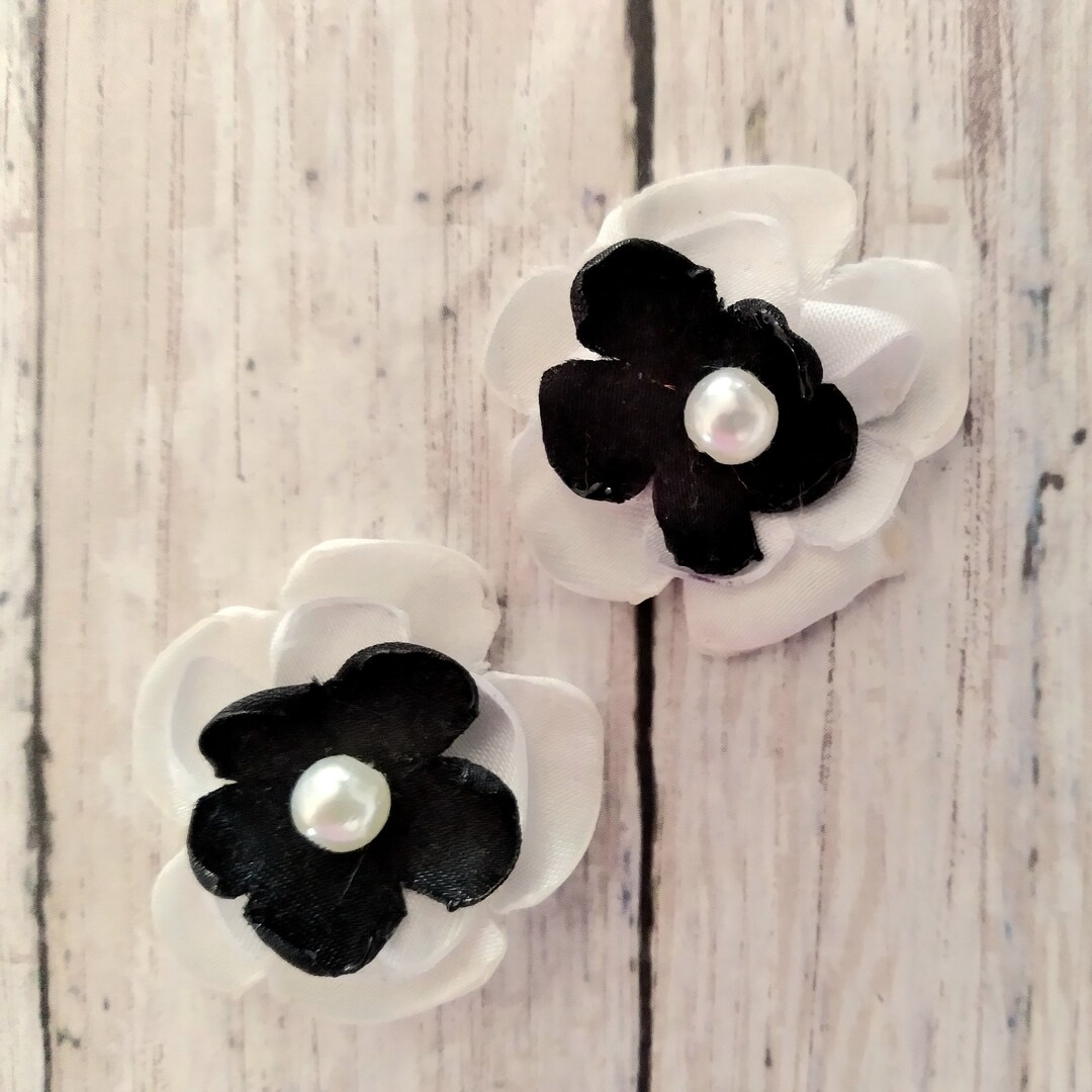 1 Inch Black and Ivory Satin Flower Embellishment With Faux Pearl ...