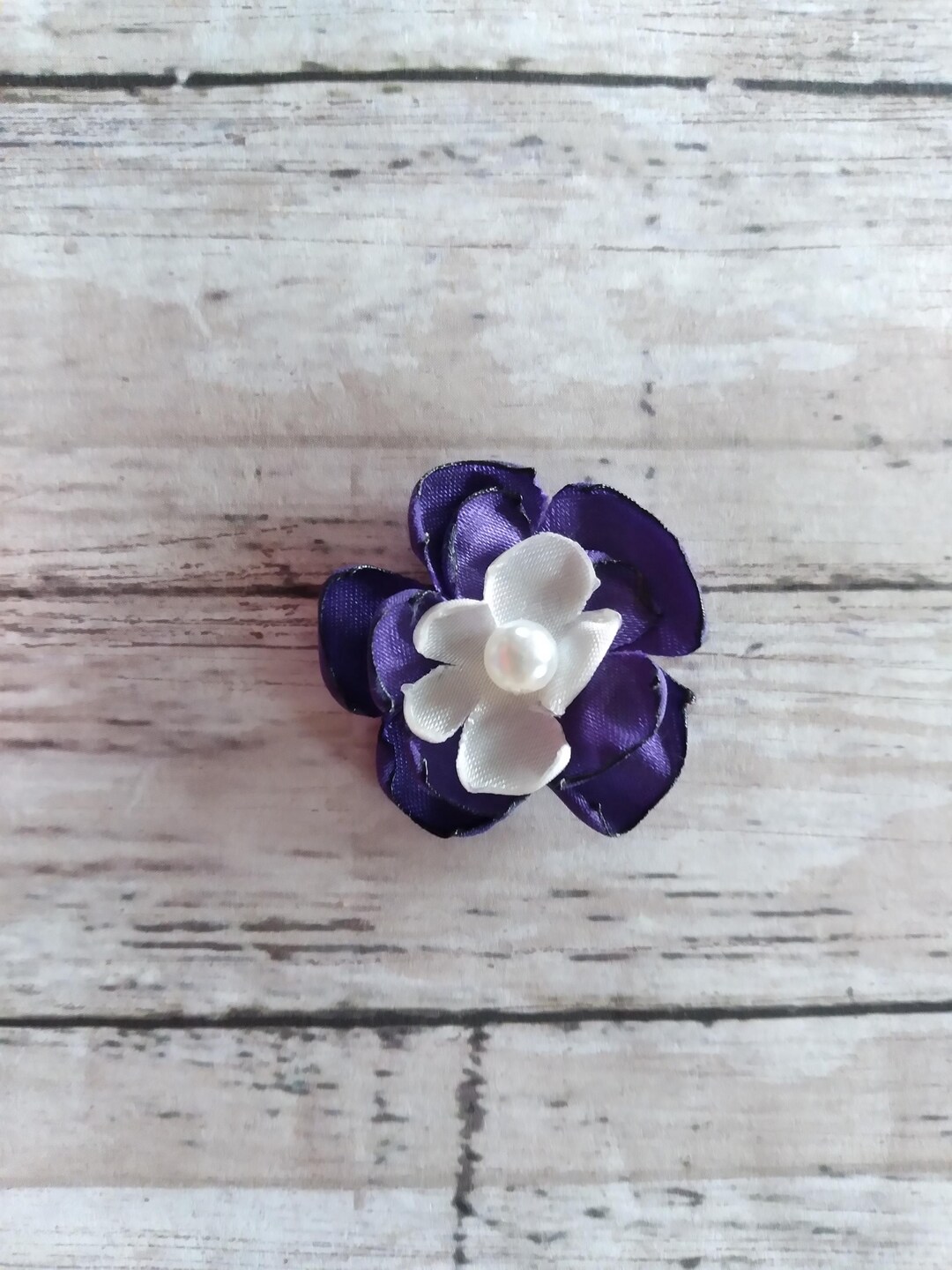 Handmade 1" Satin Flower Embellishment, Ivory, Purple, Faux Pearl ...