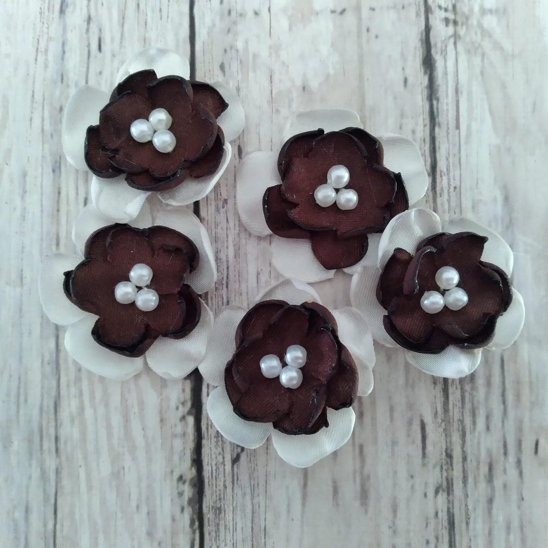 1 Inch Brown and Ivory Satin Flower Embellishments With Faux Pearl ...