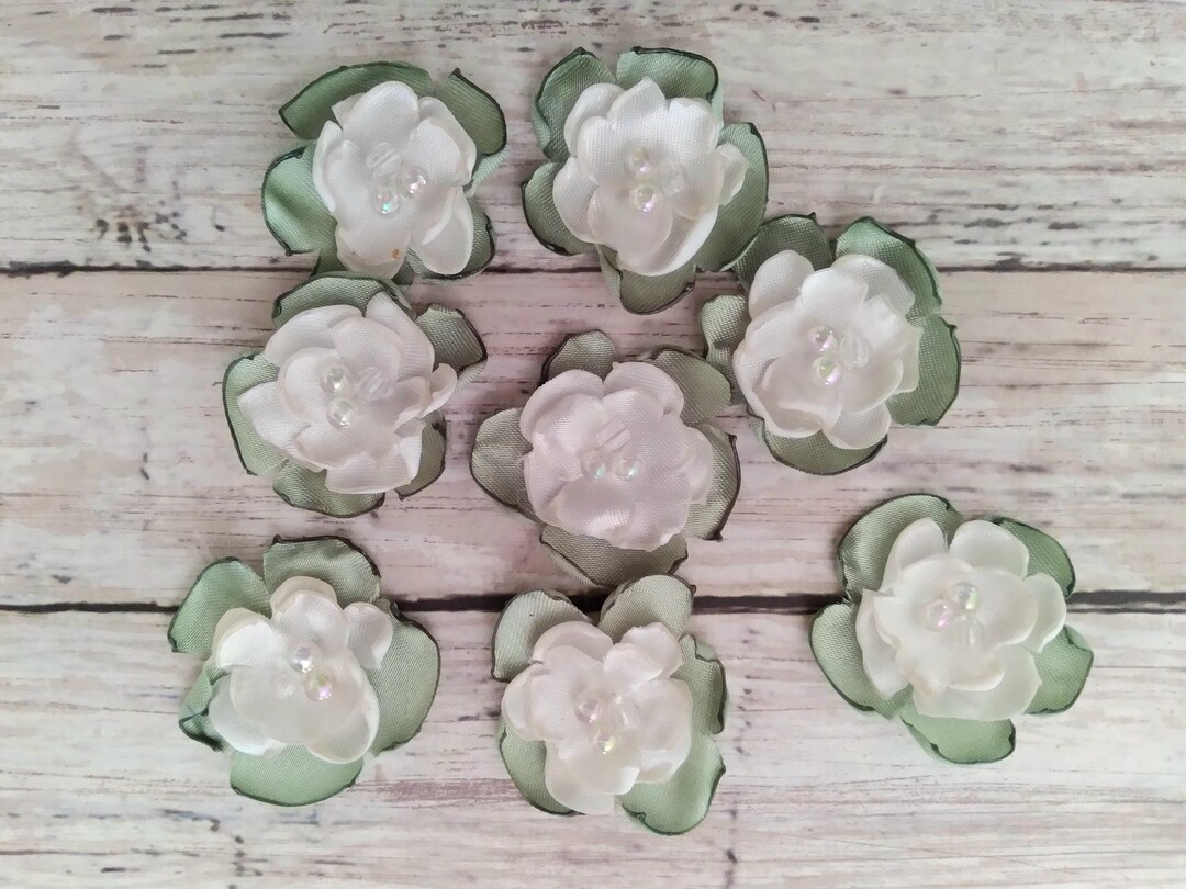 1 Inch Celery and Ivory Satin Flower Embellishments With Faux Pearl ...