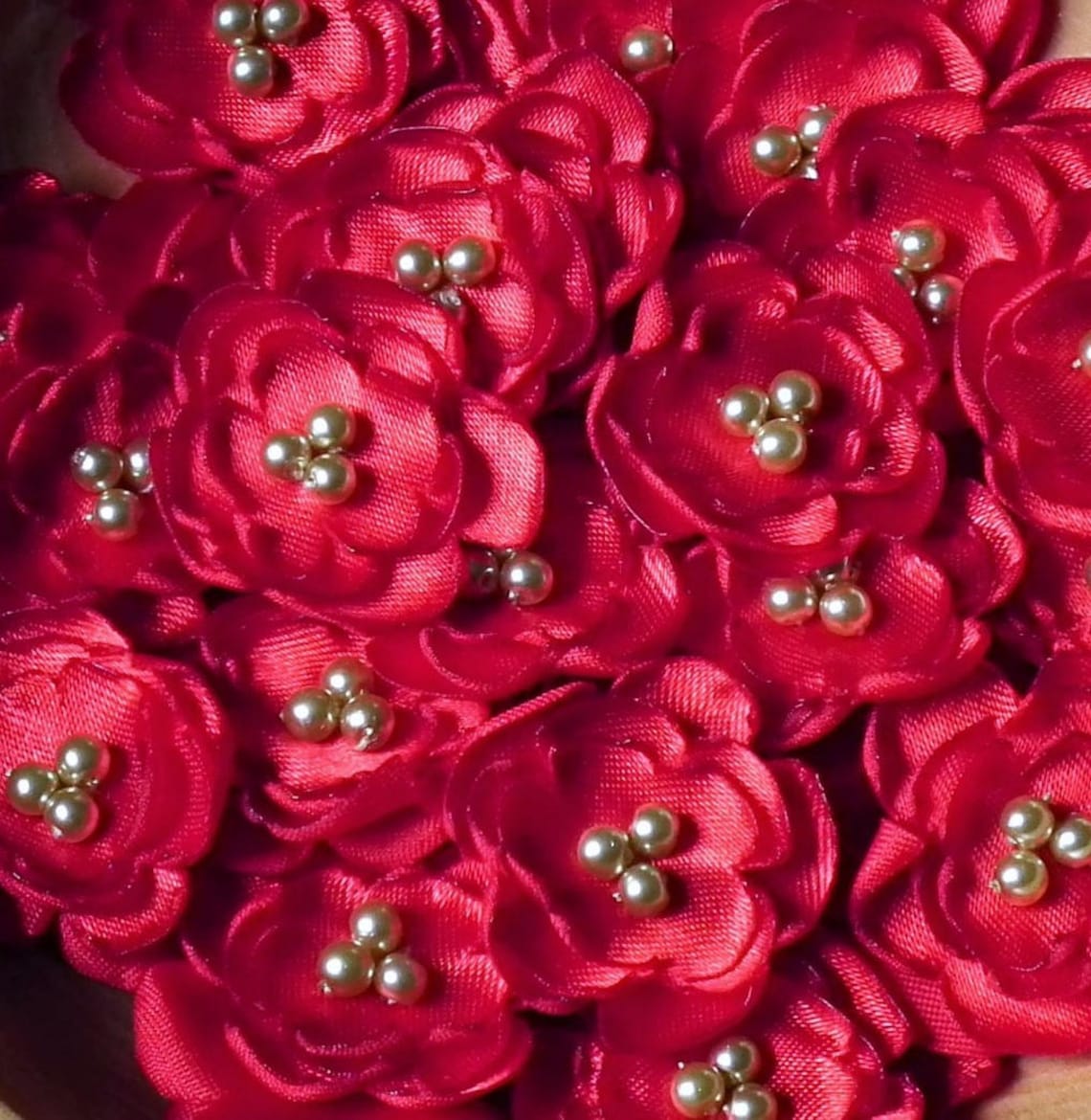 1 Inch Red Satin Flowers With Faux Gold Pearl Centers - Etsy