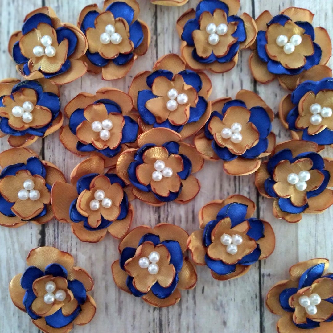 1 Inch Antique Gold and Royal Blue Satin Flower Embellishments, With ...