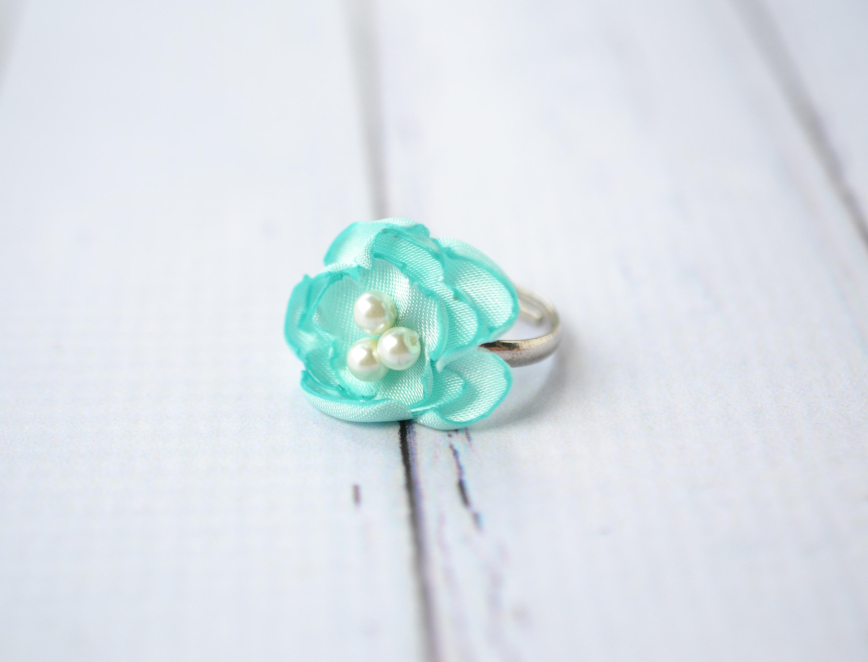Aqua satin flower ring with faux pearls size 6.5 adjustable | Etsy