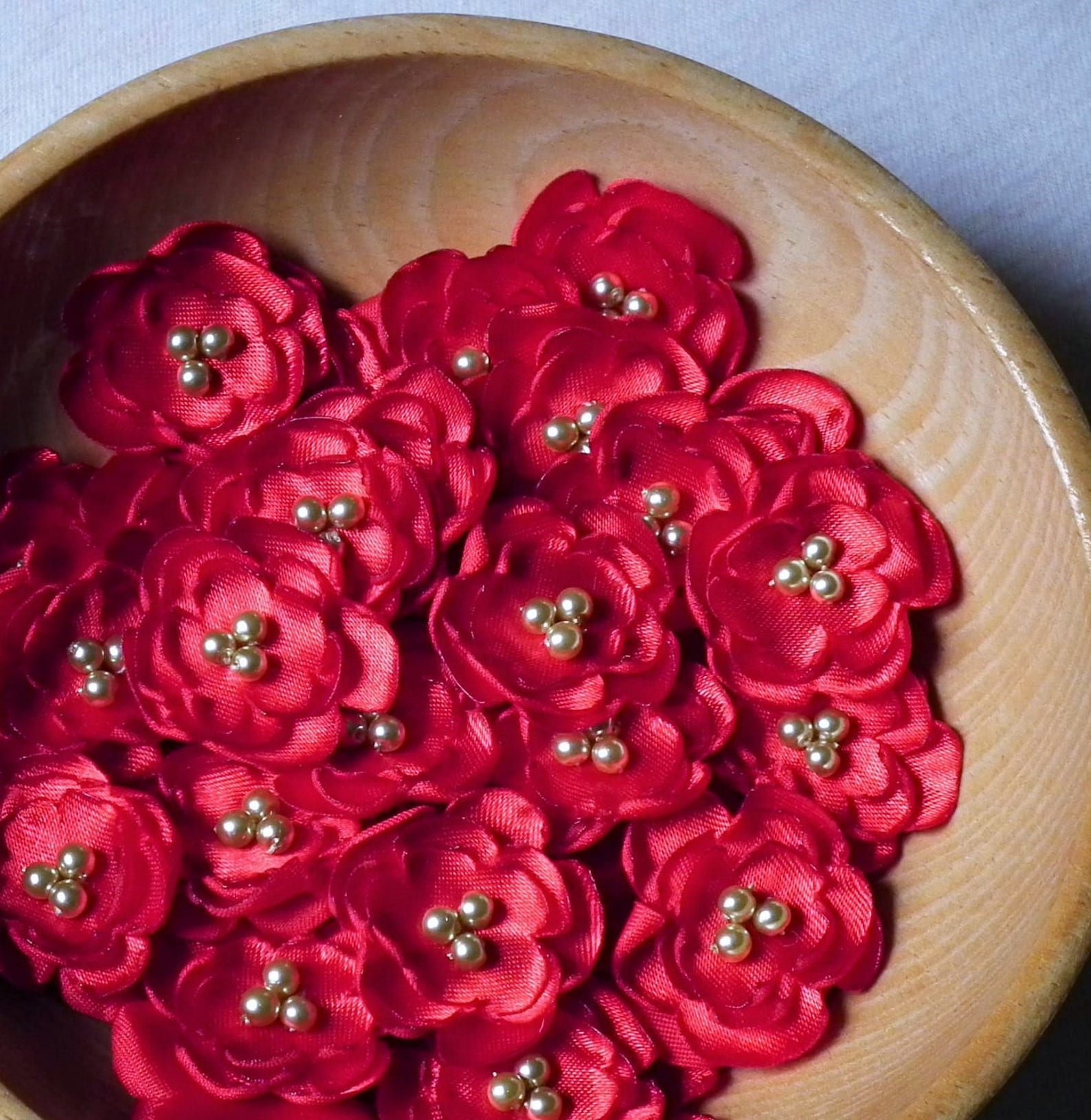 1 Inch Red Satin Flowers With Faux Gold Pearl Centers - Etsy
