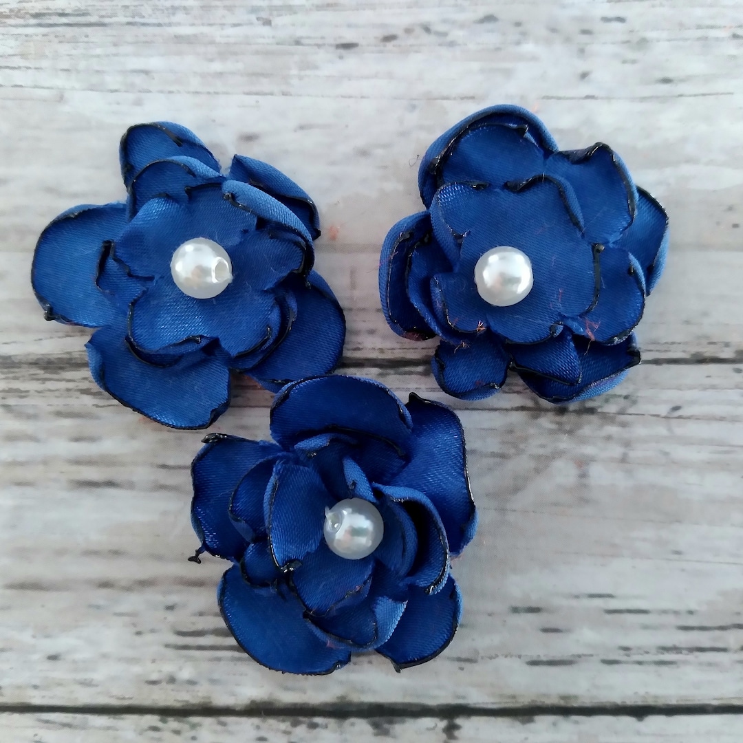 1 Inch Royal Blue Satin Flower Embellishments With Faux Pearl Centers ...
