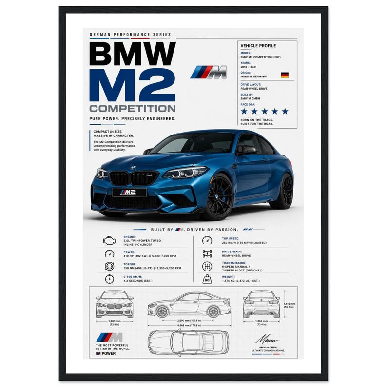 BMW M2 Competition Blueprint Poster | Performance Coupe Wall Art - Etsy UK