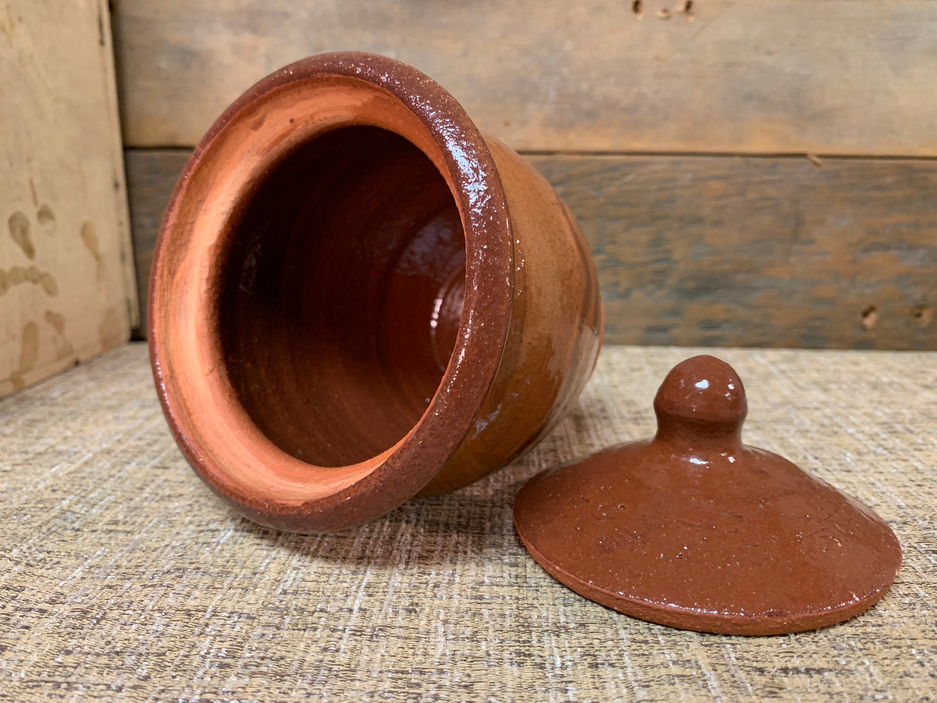 Handmade Pottery Small Lidded Jar, Red Clay Slipware Sugar Jar in Amber ...