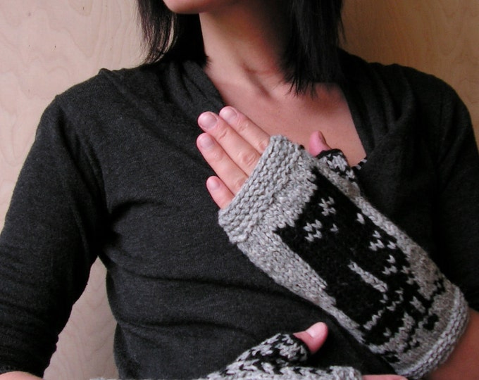 Hand Knitted Wool Women Fingerless Gloves With Owls Grey Black - Etsy