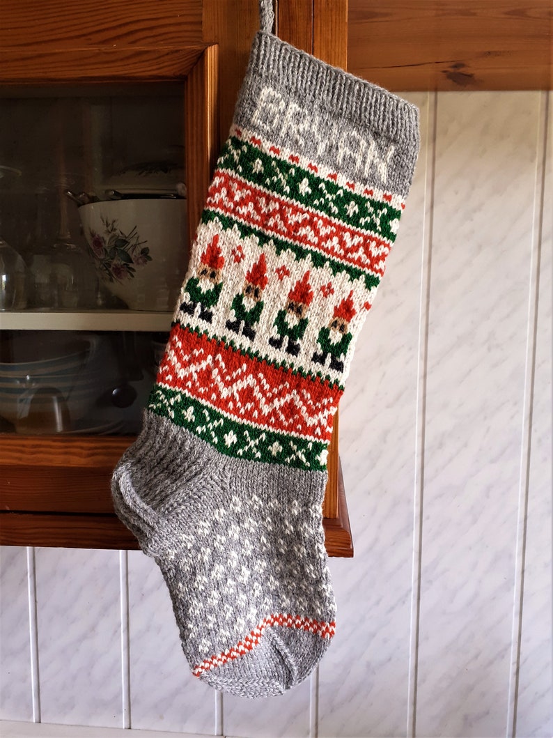 Personalized Hand-Knit Wool Christmas Stocking with Gnomes - Etsy Italia