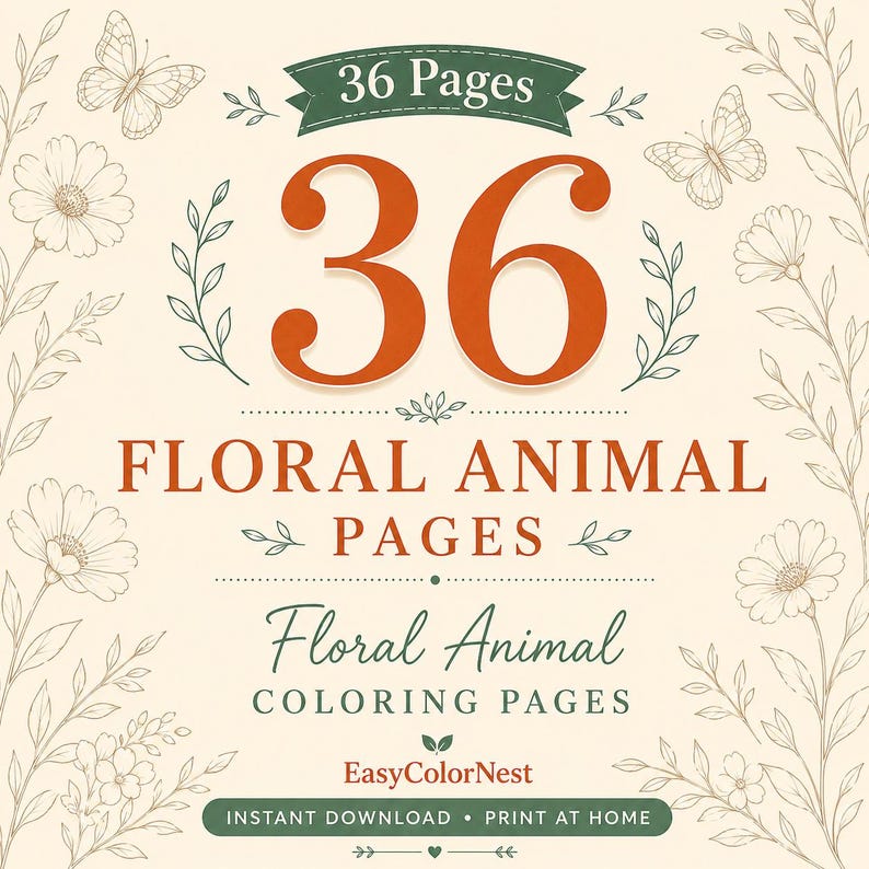 Floral Animal Coloring Book | 36 Botanical Wildlife Pages (digital ...