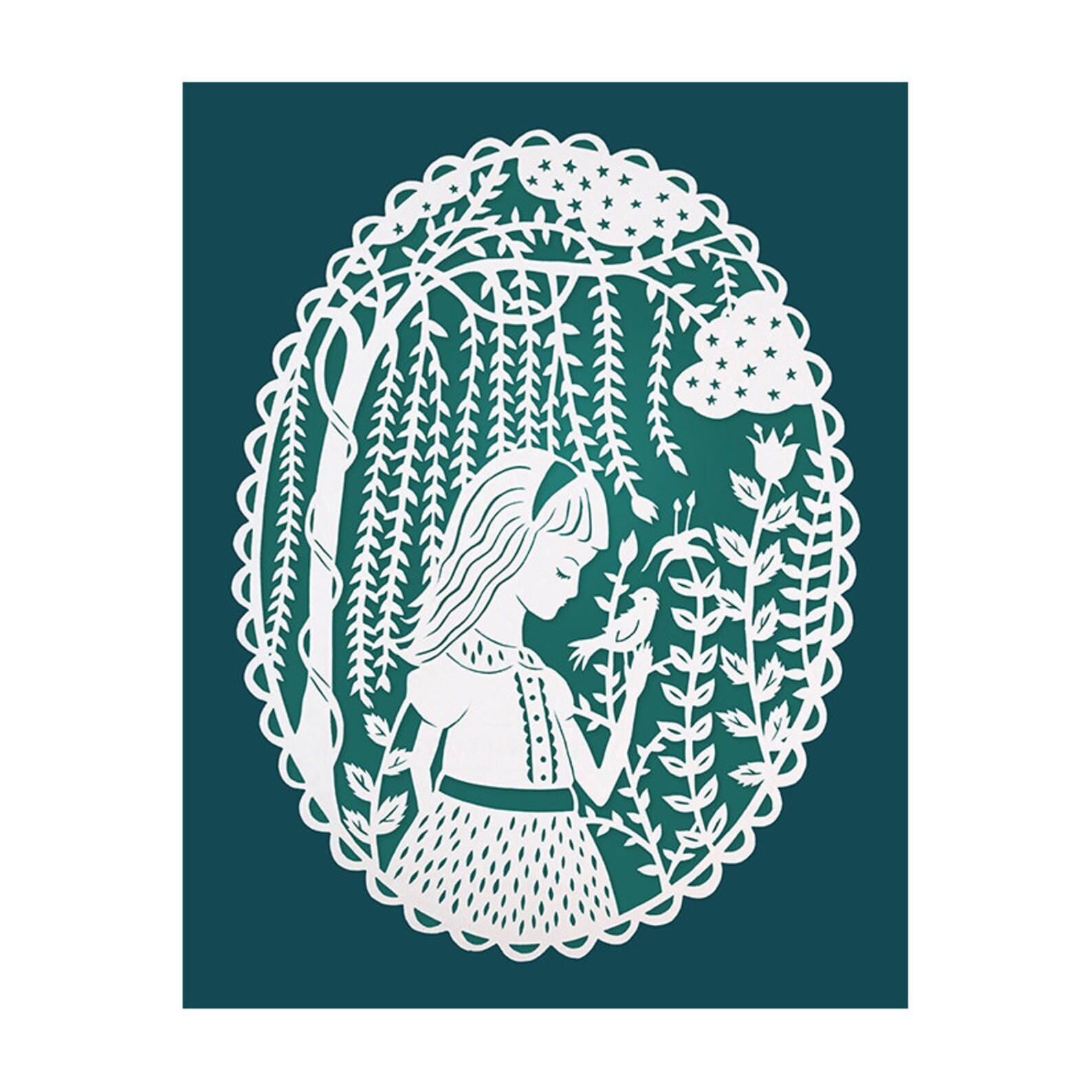 Girl in the Willow Trees - Original Papercut Illustration - Teal 8x10 ...