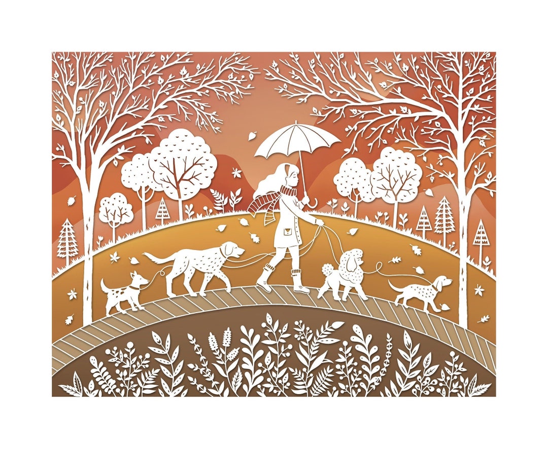 Dog Walker Art Print: Original Papercut Illustration, Autumn or Spring ...