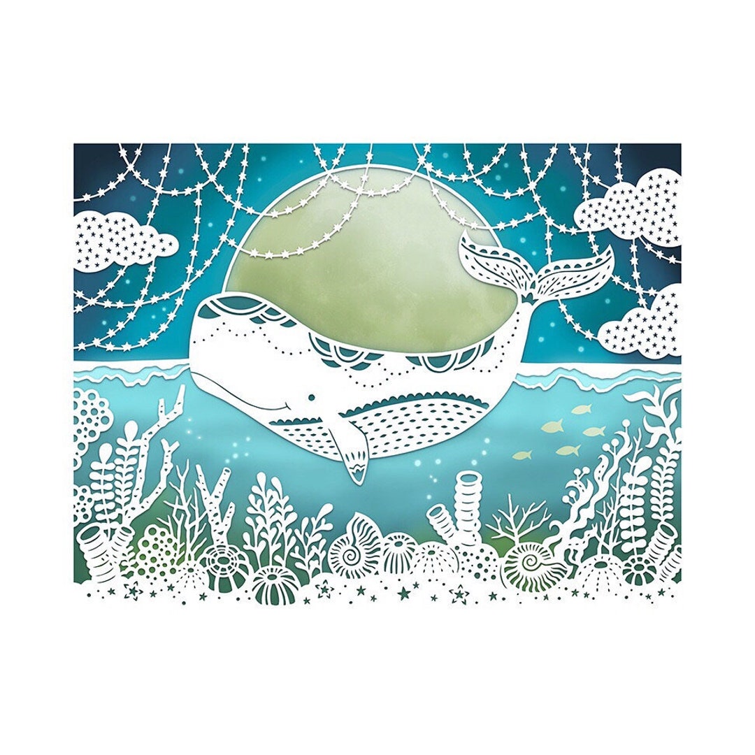 5x7 Print - Moonlight Whale - Original Papercut Illustration - Etsy