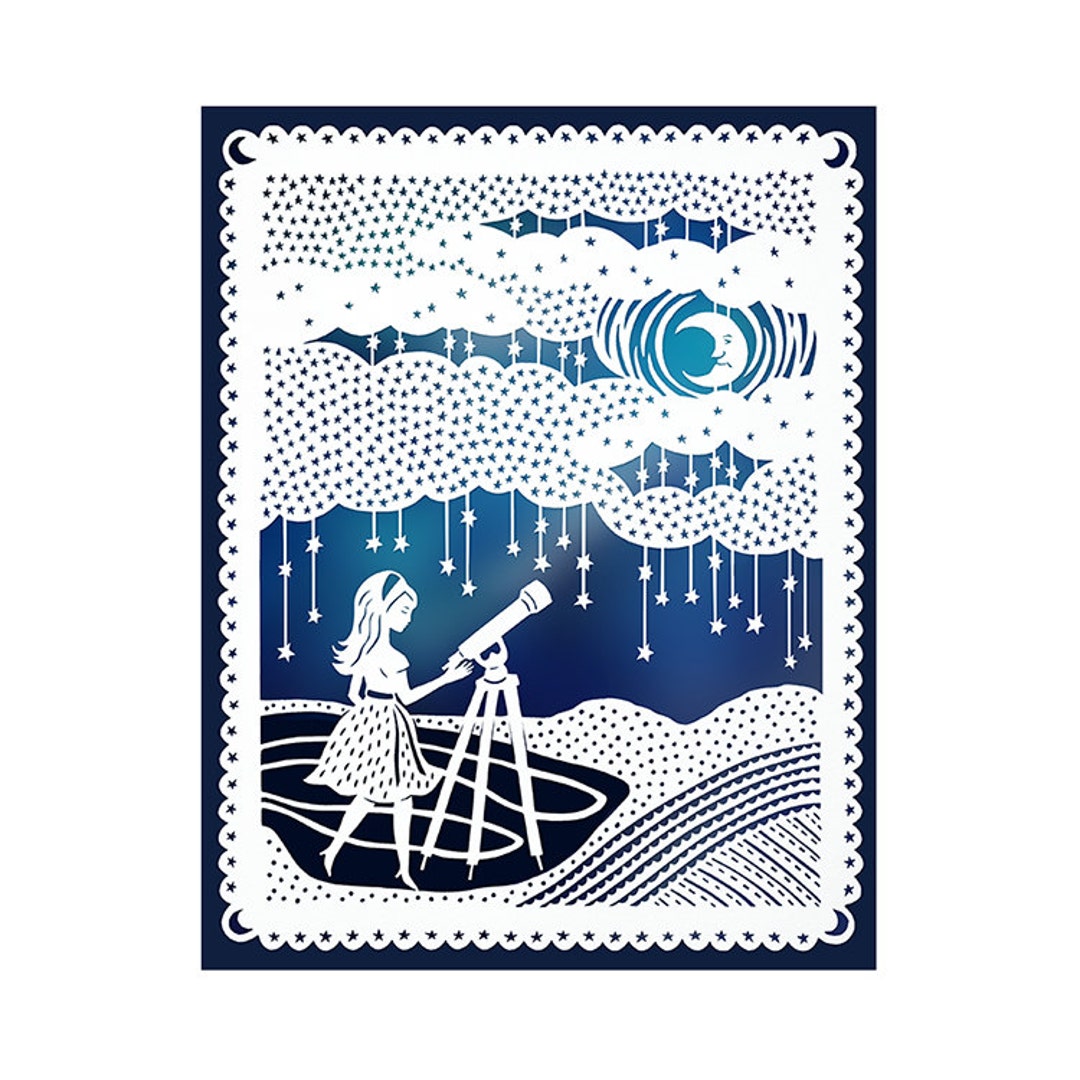 The Stargazer- Original Papercut Illustration - Night Sky - Girl and ...