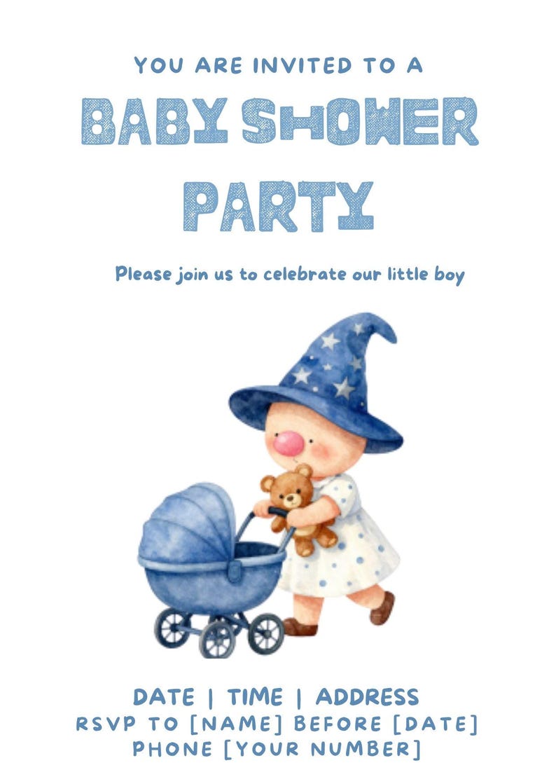 Baby Boy Shower Invitation | Blue Stroller, Teddy Bear (digital ...