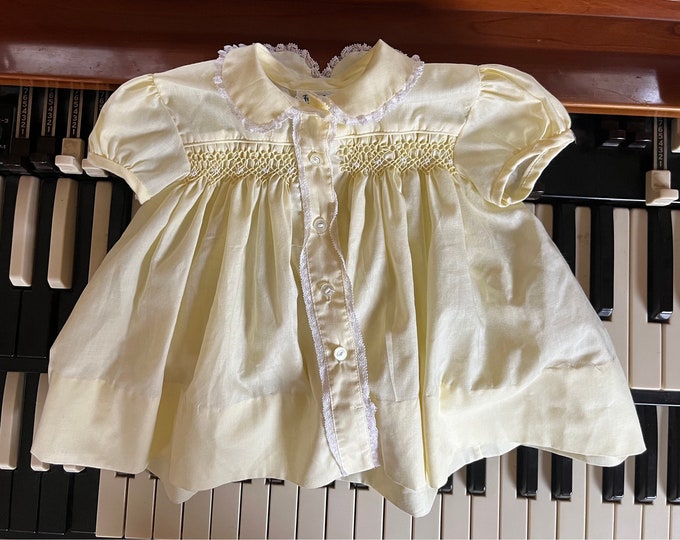 70s 6M Baby Girl Dress Yellow Hand Smocked Polly Flinders Floral Lace ...