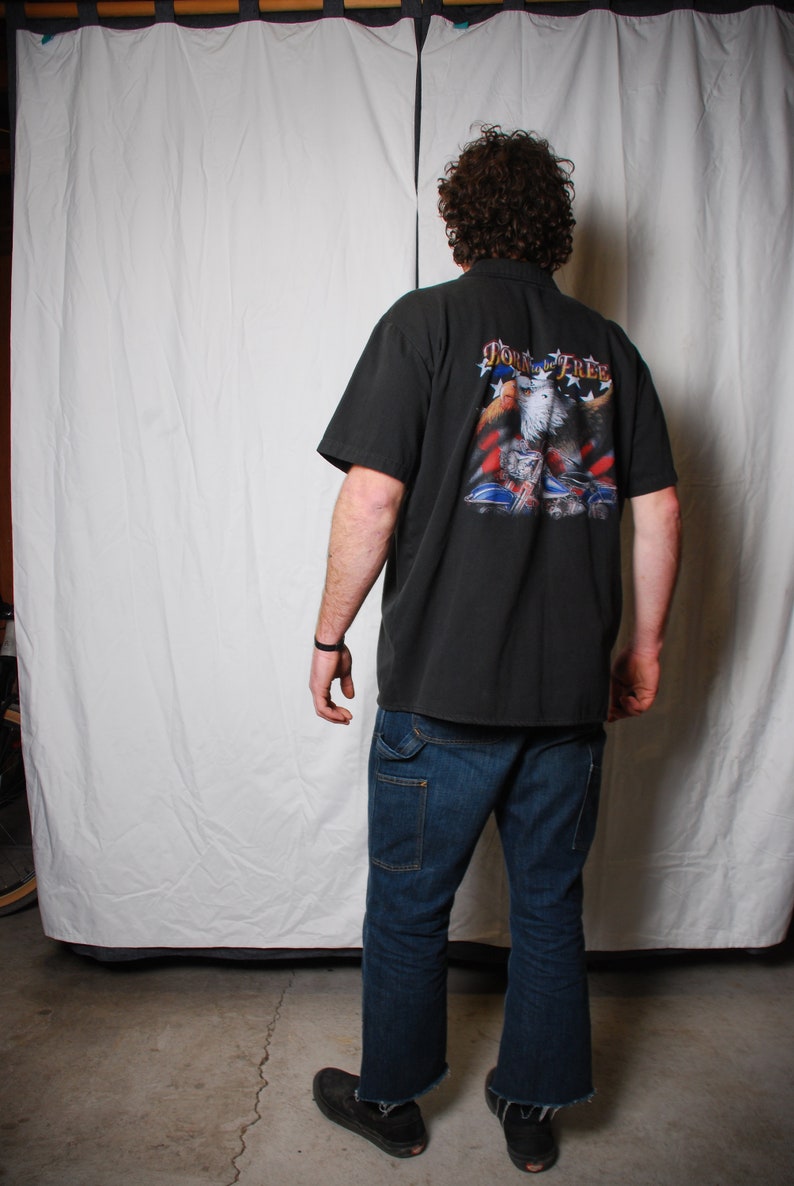 Vintage Large Sturgis Button Down Biker Work Shirt Gray Faded Pockets ...