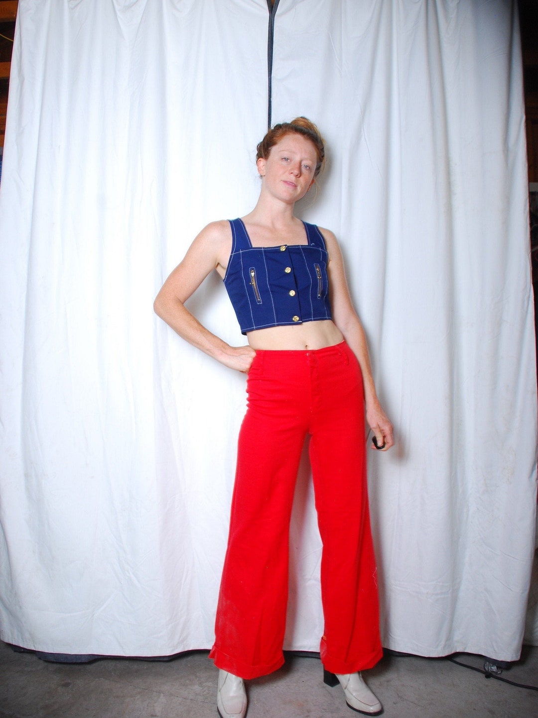 70s Low Rise 3/4 27 In. Waist Red Bell Bottoms Flared Red Cuffed Pants ...