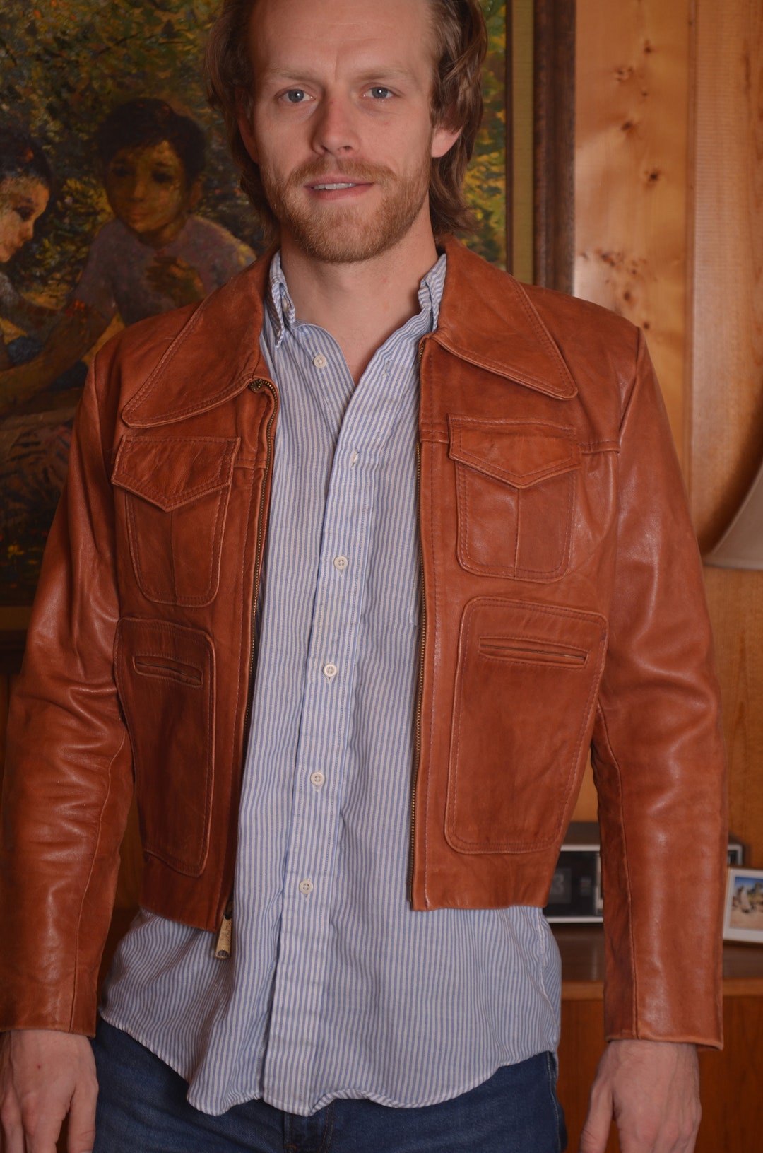 1970s Medium Leather Jacket Cropped Bomber Moto Coat Light Brown Mexico ...