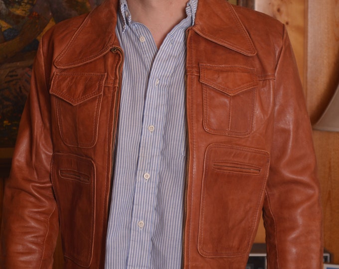 1970s Medium Leather Jacket Cropped Bomber Moto Coat Light Brown Mexico ...