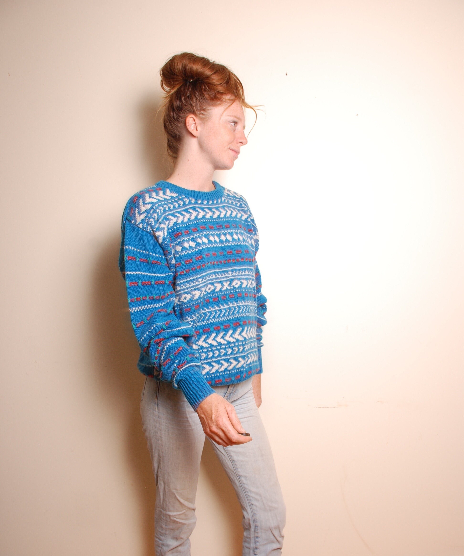 90s Medium Sweater Knit Blue Whiter Red Holiday Top Long Sleeve Unisex ...
