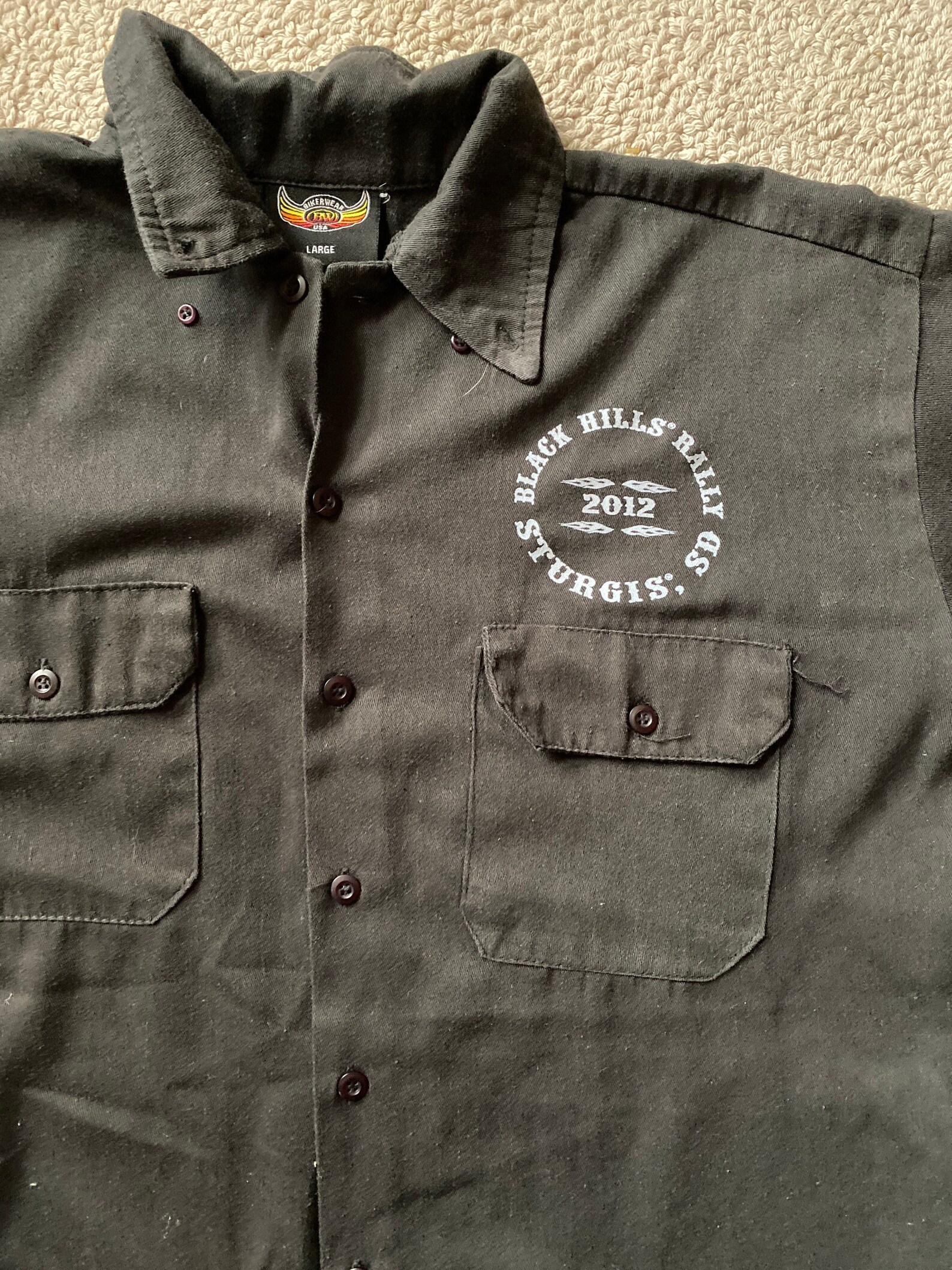 Vintage Large Sturgis Button Down Biker Work Shirt Gray Faded Pockets ...