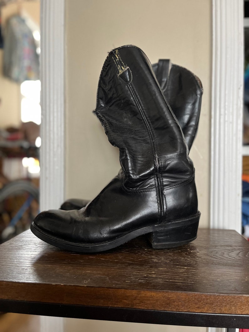 80s 7D Double H Black Cowboy Boots Round Toe Work Shoe Unisex Womens ...