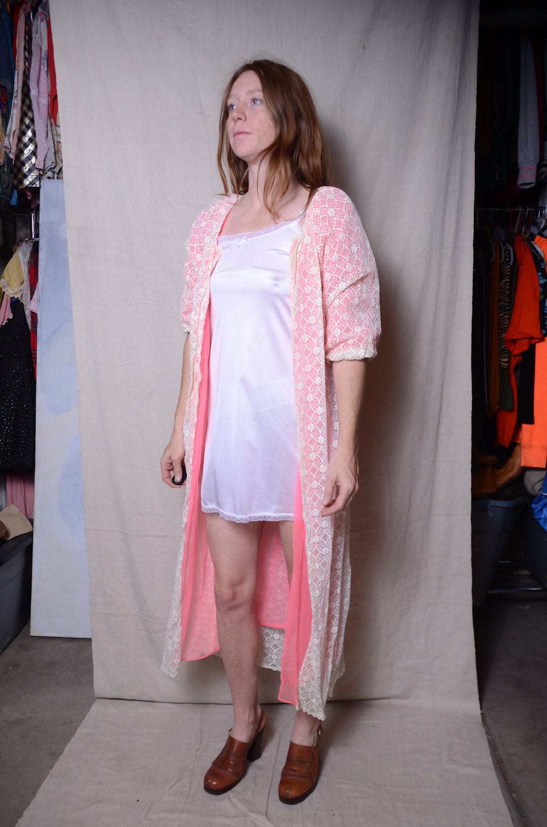 Vintage Lace Robe Medium Hot Pink and Bone White House Coat Coverup ...