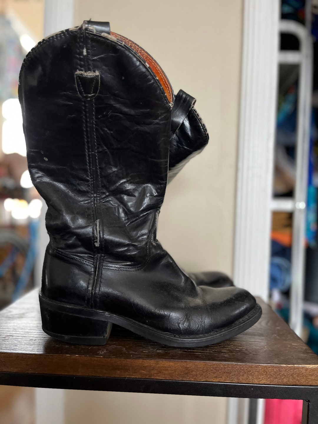 80s 7D Double H Black Cowboy Boots Round Toe Work Shoe Unisex Womens ...