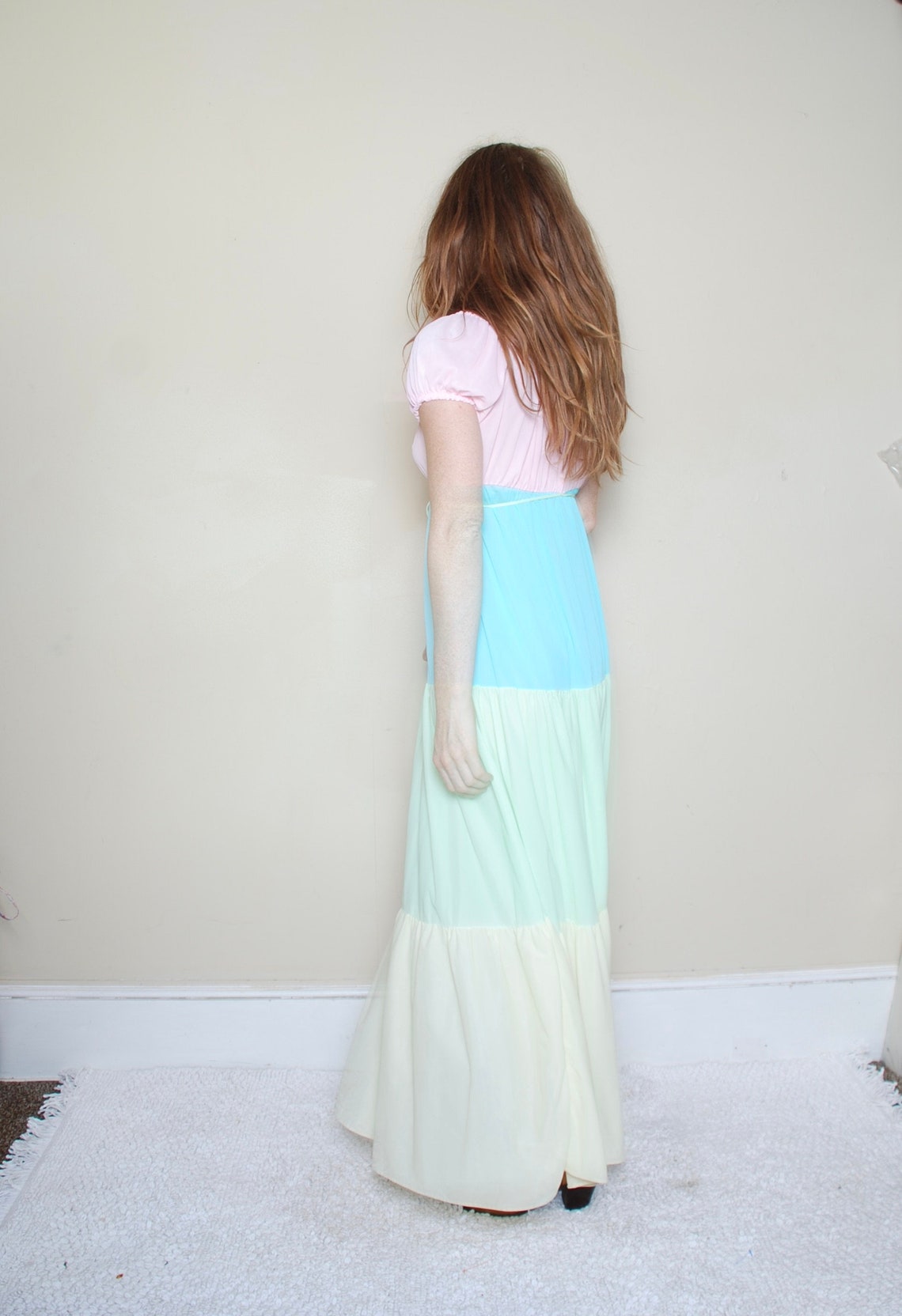 70s Medium Pastel Maxi Dress Slip Puff Sleeve Boho Vintage | Etsy
