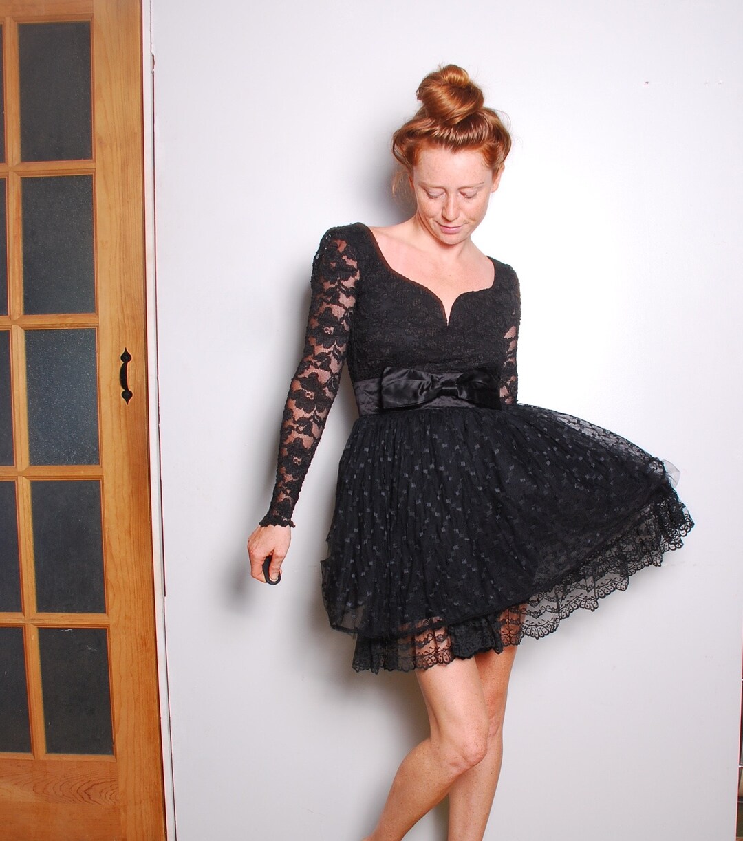 80s Small Black Lace Mini Princess Dress Womens Vintage Clothing Winter ...