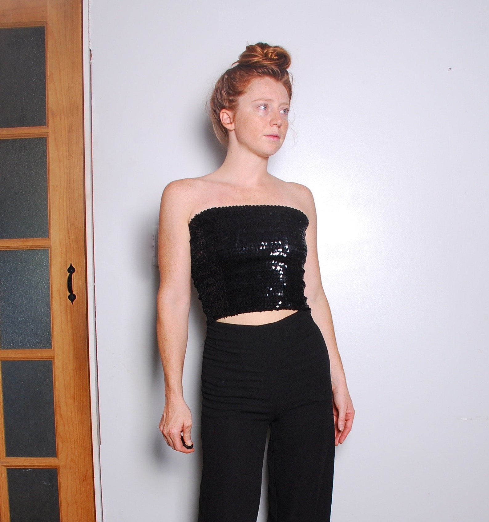 90s Medium Medium Black Sequin Tube Top Disco Rave Party Goth Sexy ...