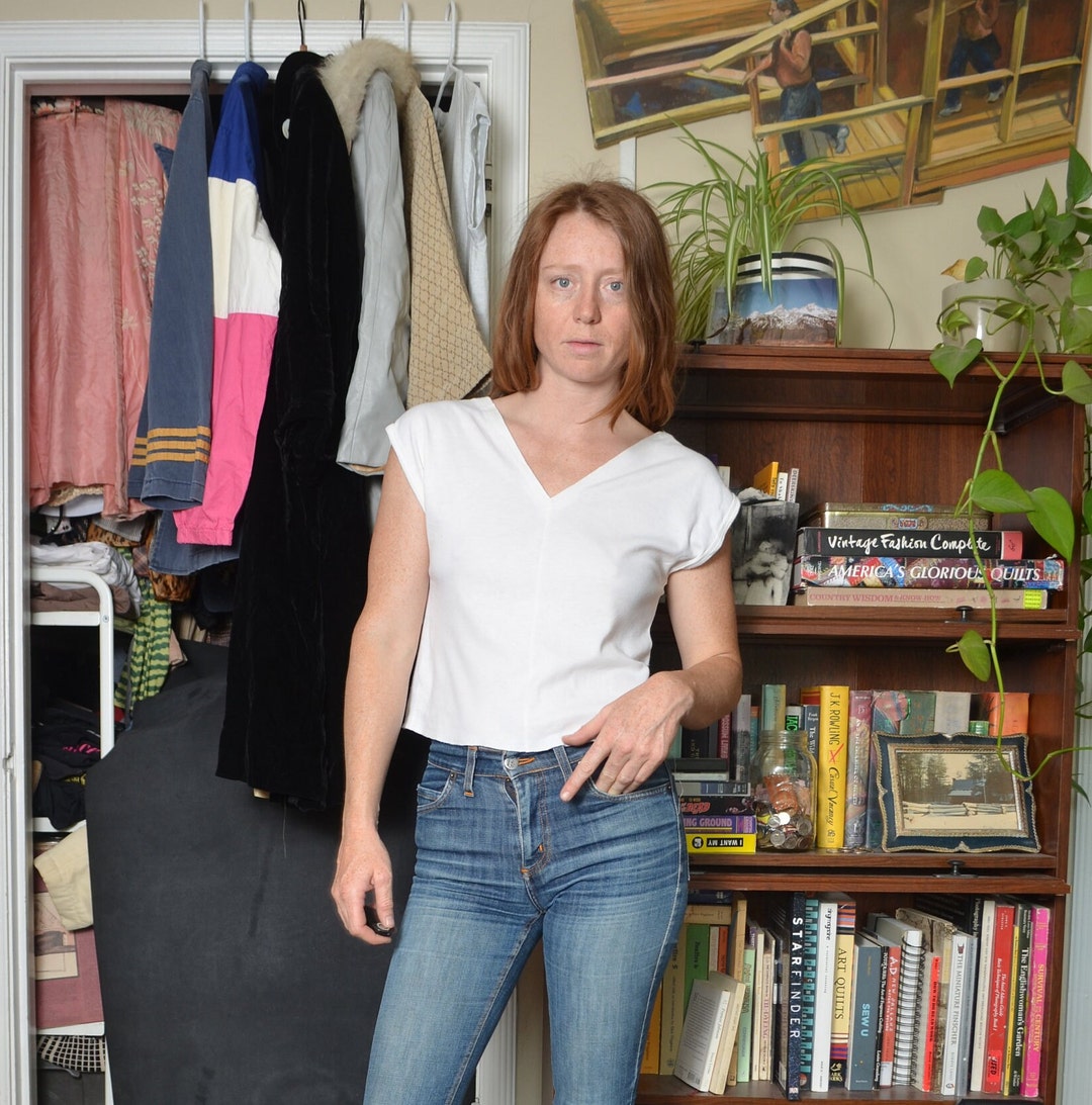 90s V Neck Small White Top T Shirt Cropped Blouse Womens Vintage ...