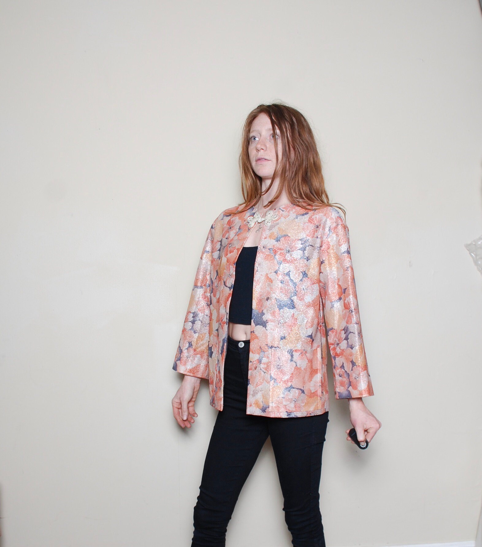 70s Medium Party Jacket Womens Shiny Peach Floral Jacket Original ...