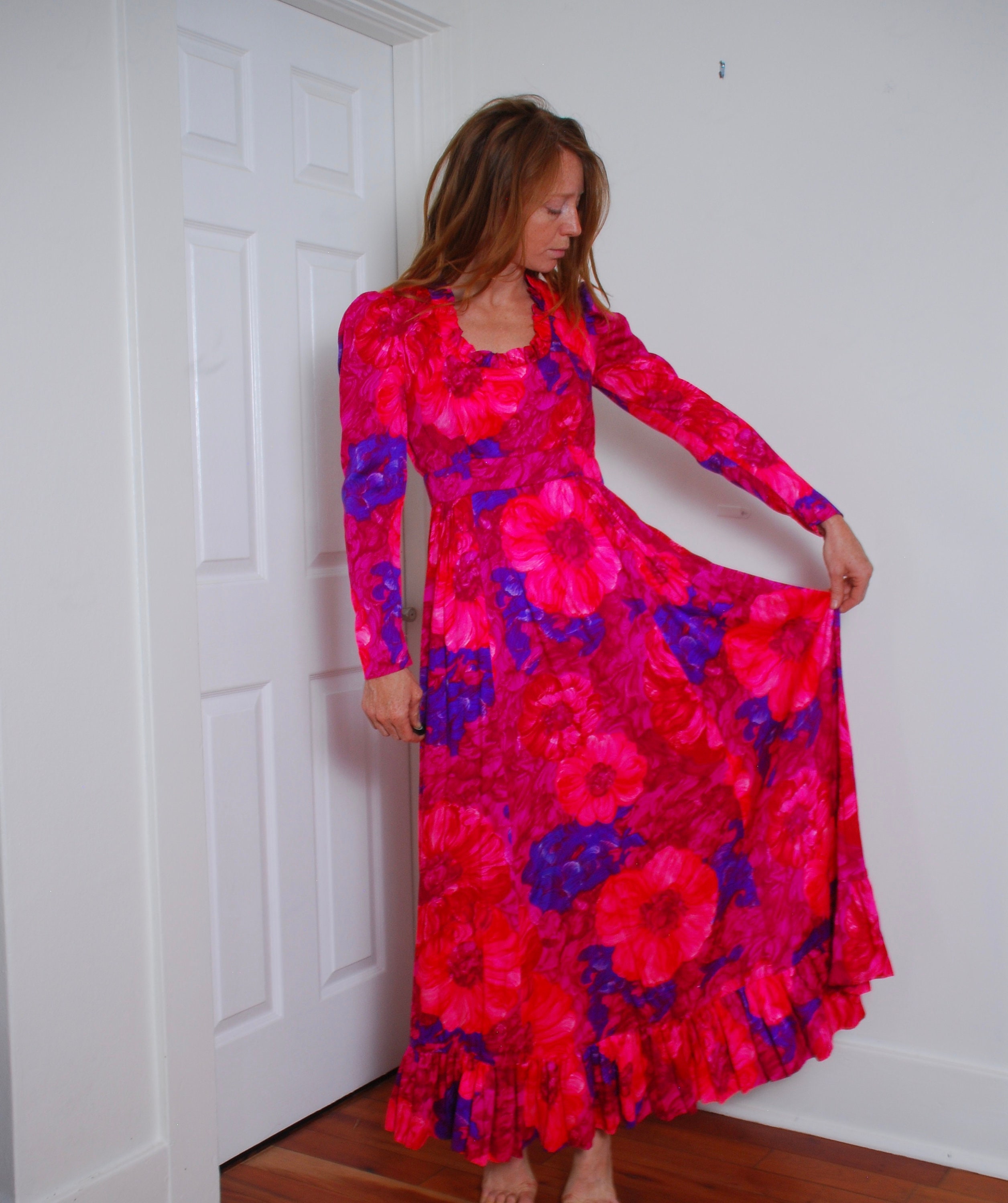 60s small floor length full skirt maxi dress pink purple | Etsy