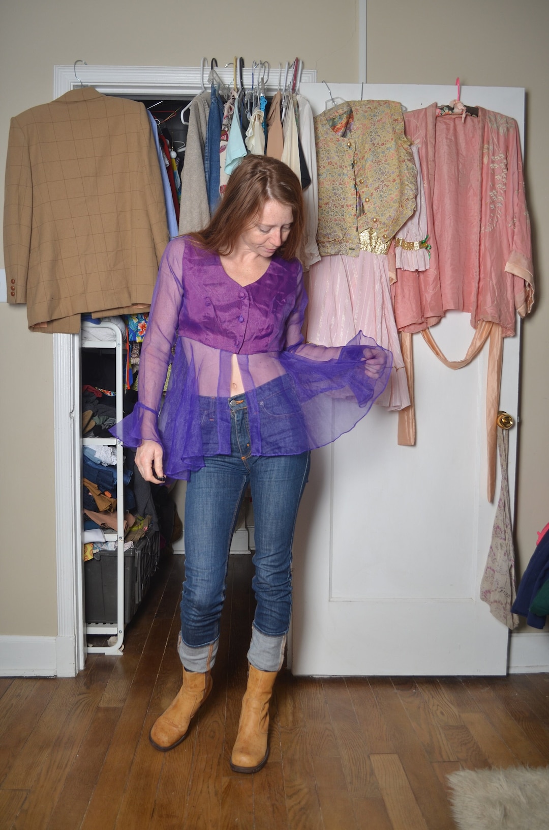 90s Medium Purple Sheer Ruffle Top Long Sleeve Blouse Button Down Belly ...