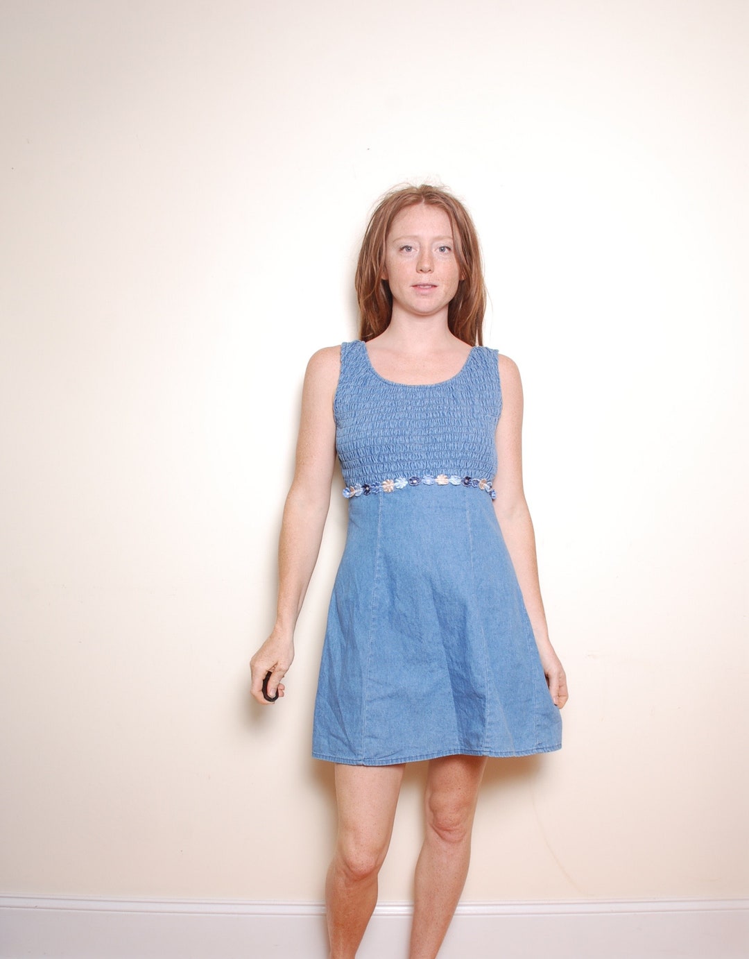 RESERVED 90s Denim Mini Dress Womens Sleeveless Floral Grunge 1990s ...