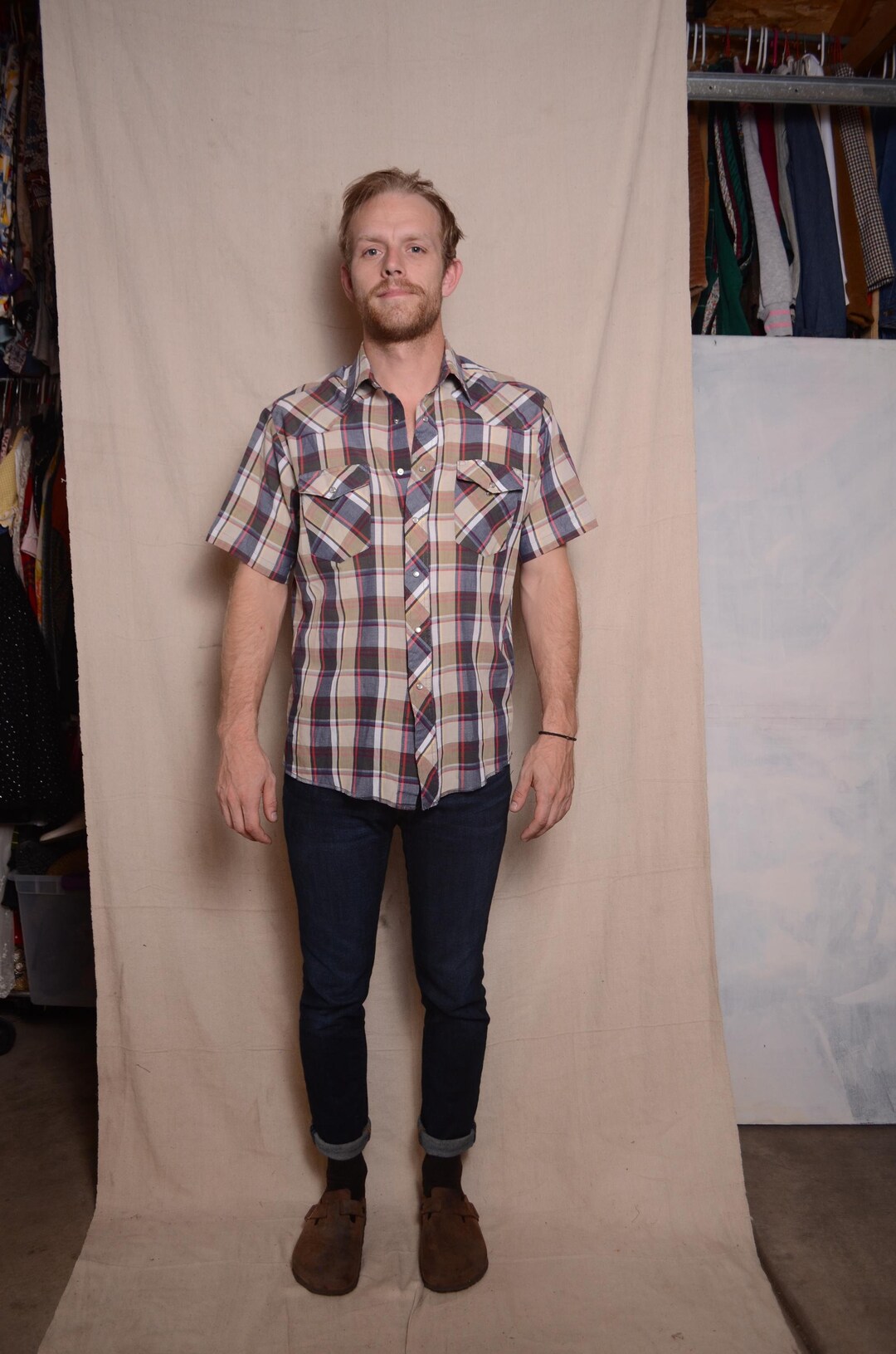 90s Large Wrangler Pearly Snap Down Collard Work Shirt Top Brown Blue ...