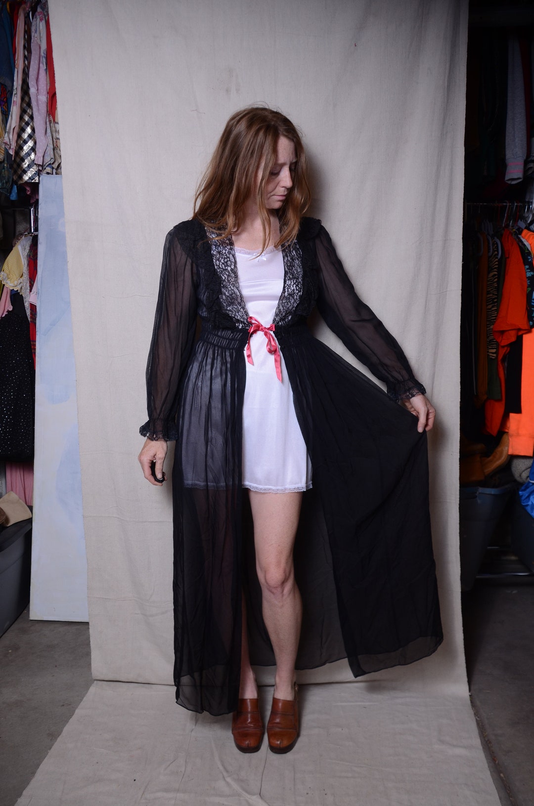 60s Small Black Lace House Coat Hot Pink Lingerie Robe Sexy Long Sleeve ...