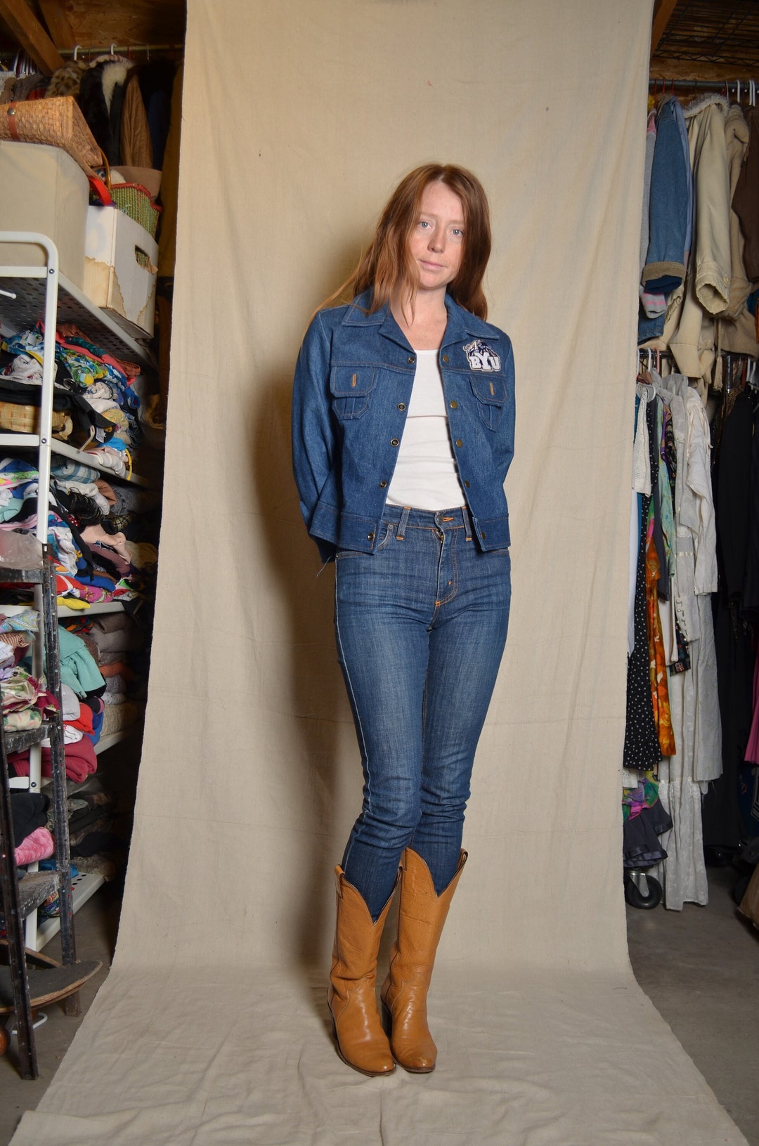 Vintage XS Cropped BYU Denim Jacket College Indigo Blue Jean Dagger ...