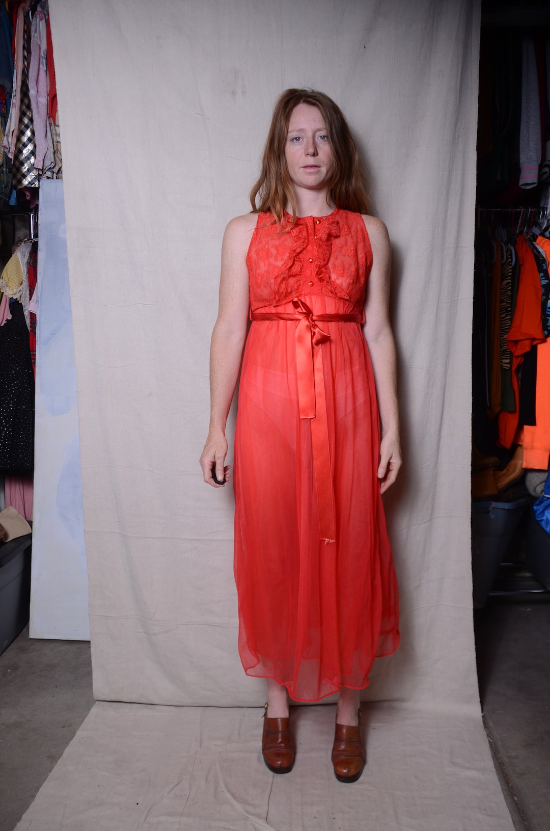 70s Small Red Sheer Lace Lingerie Nightgown Boho Chiffon Vintage Womens ...