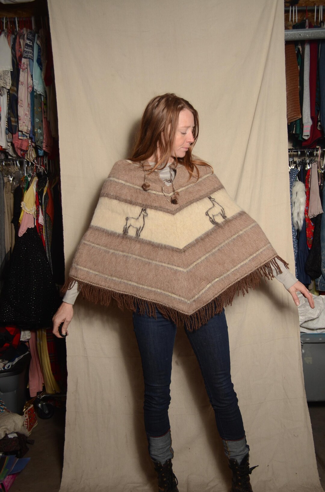 Vintage Alpaca Woven Poncho Fringe Shawl Boho Hippie Festival Brown Tan ...