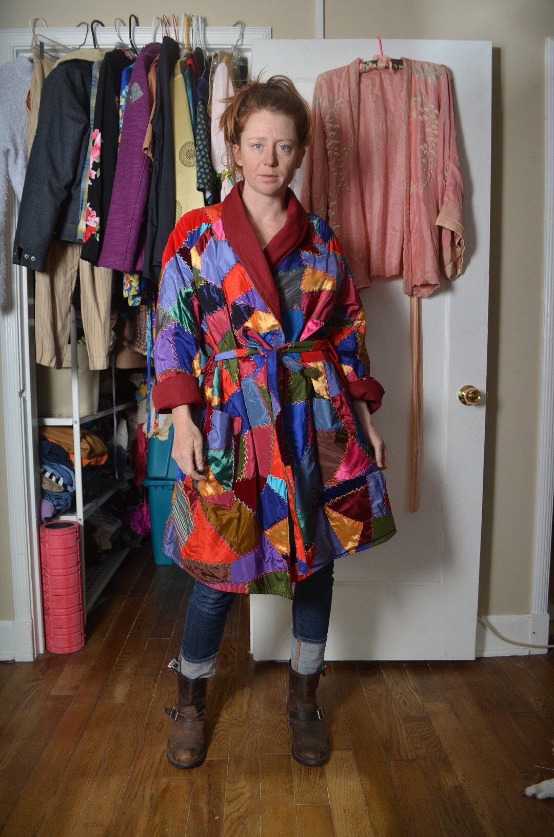 Vintage Large Patchwork Robe Unisex Smokers Jacket Red Blue Rainbow ...