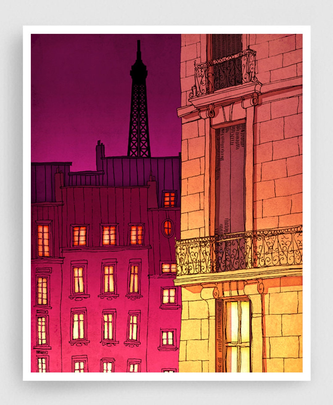 Paris Windows /night, Red - Modern Art Print Parisian Style Wall Decor ...