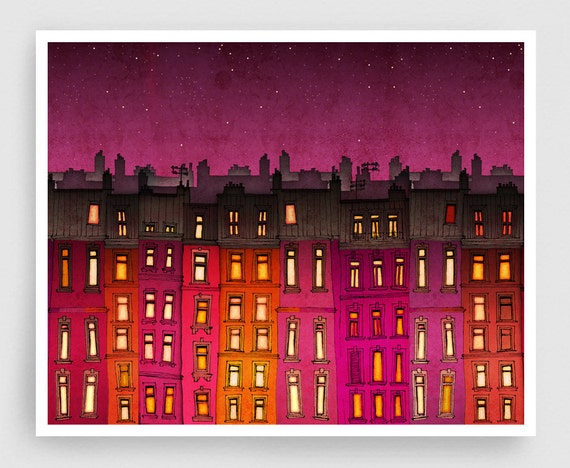 Paris Red Facade landscape Paris Illustration Fine Art | Etsy