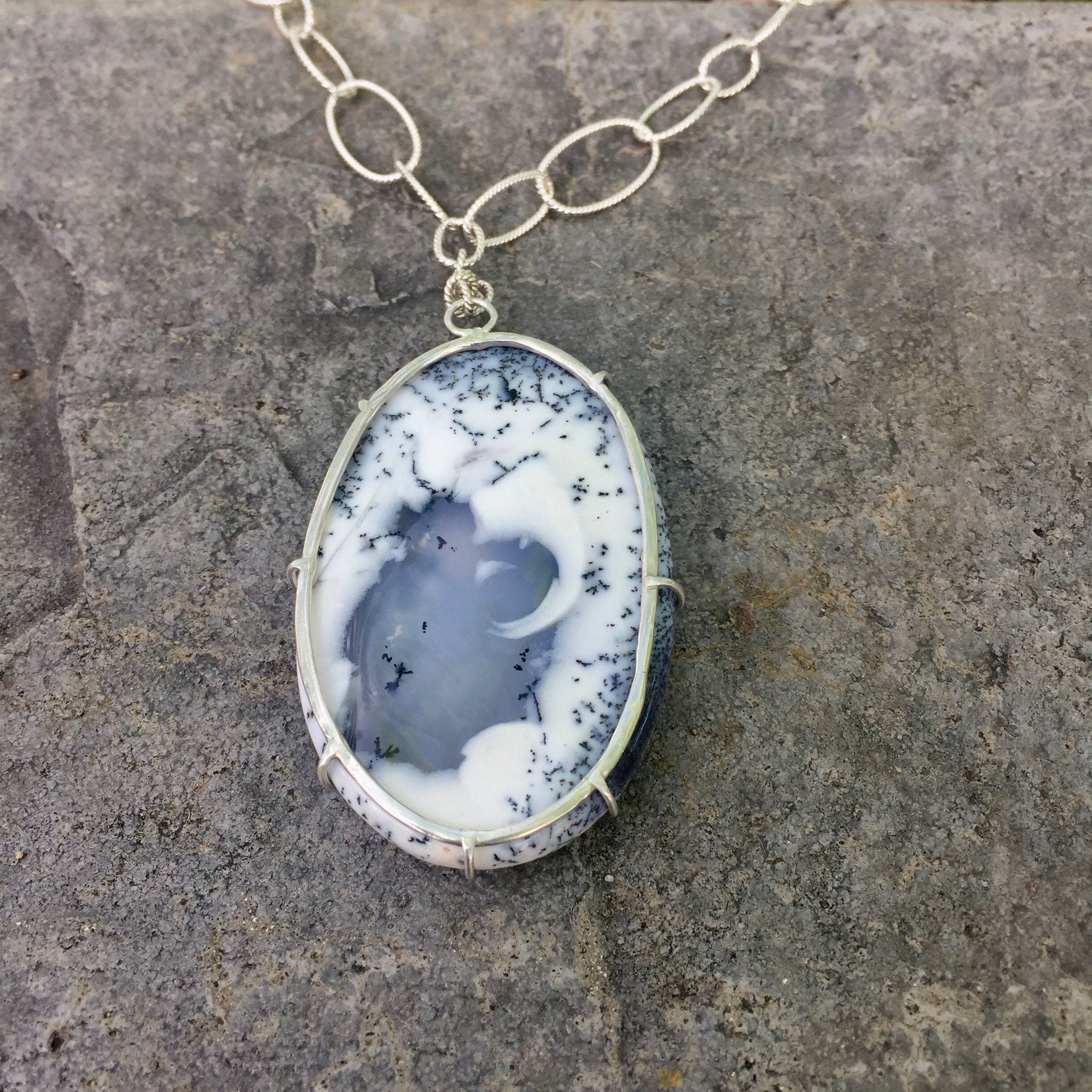 Reversible Large Oval Snowy Lake Necklace / Dendrite Opal Pendant ...