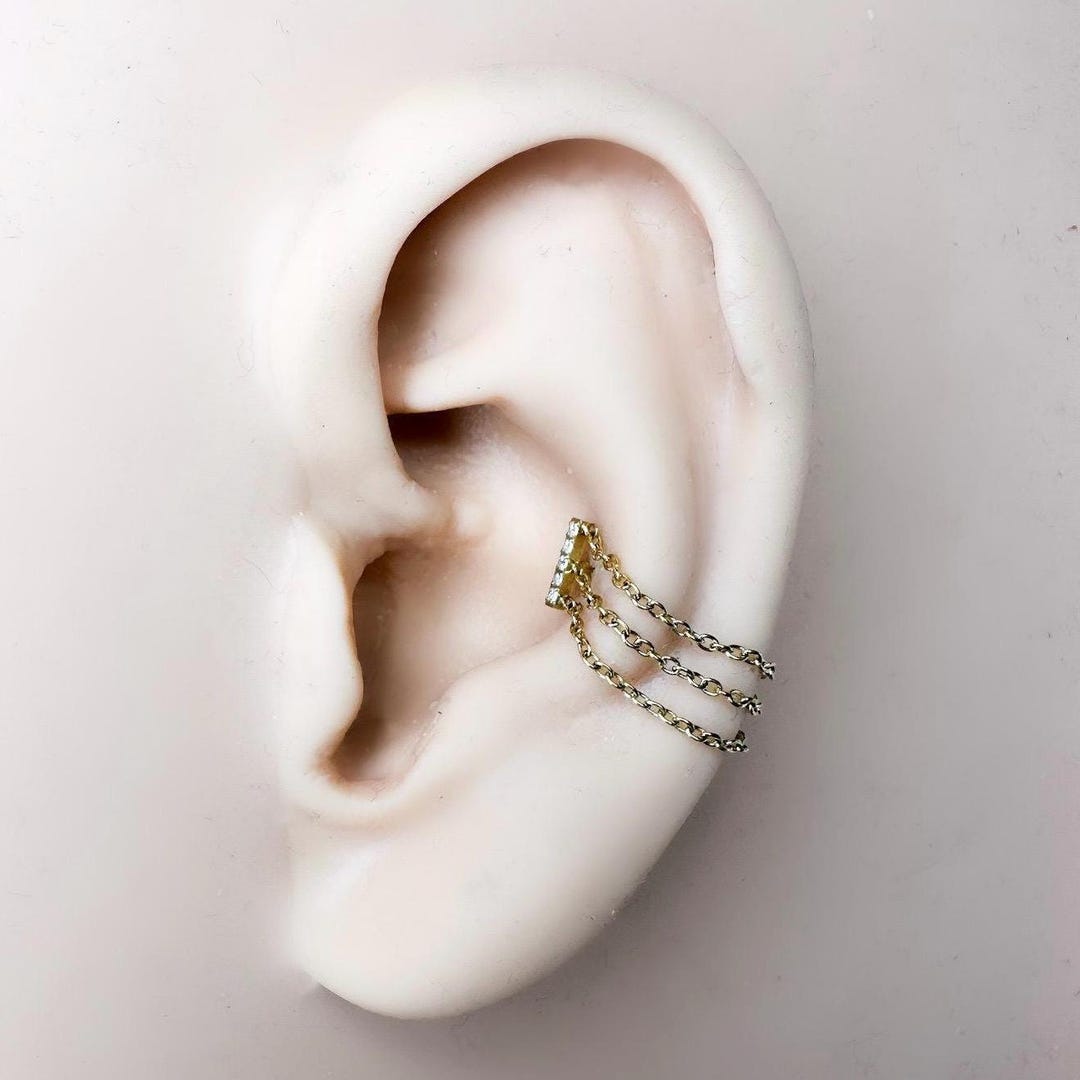 Titanium Diamond CZ Bar Triple Chain Conch Piercing Push Pin, Cartilage ...