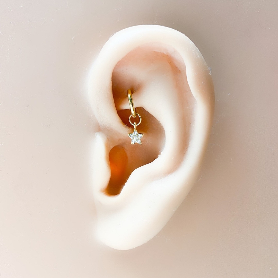 16g 18g Dainty Star Hoop Charm, Sterling Silver, 18k Gold Plated Rook Hoop, Rook Huggie, Hoop ...
