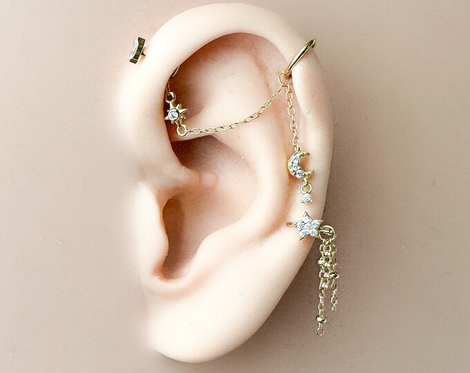 Dainty Moon and Star Industrial Barbell Chain for Piercing - Etsy